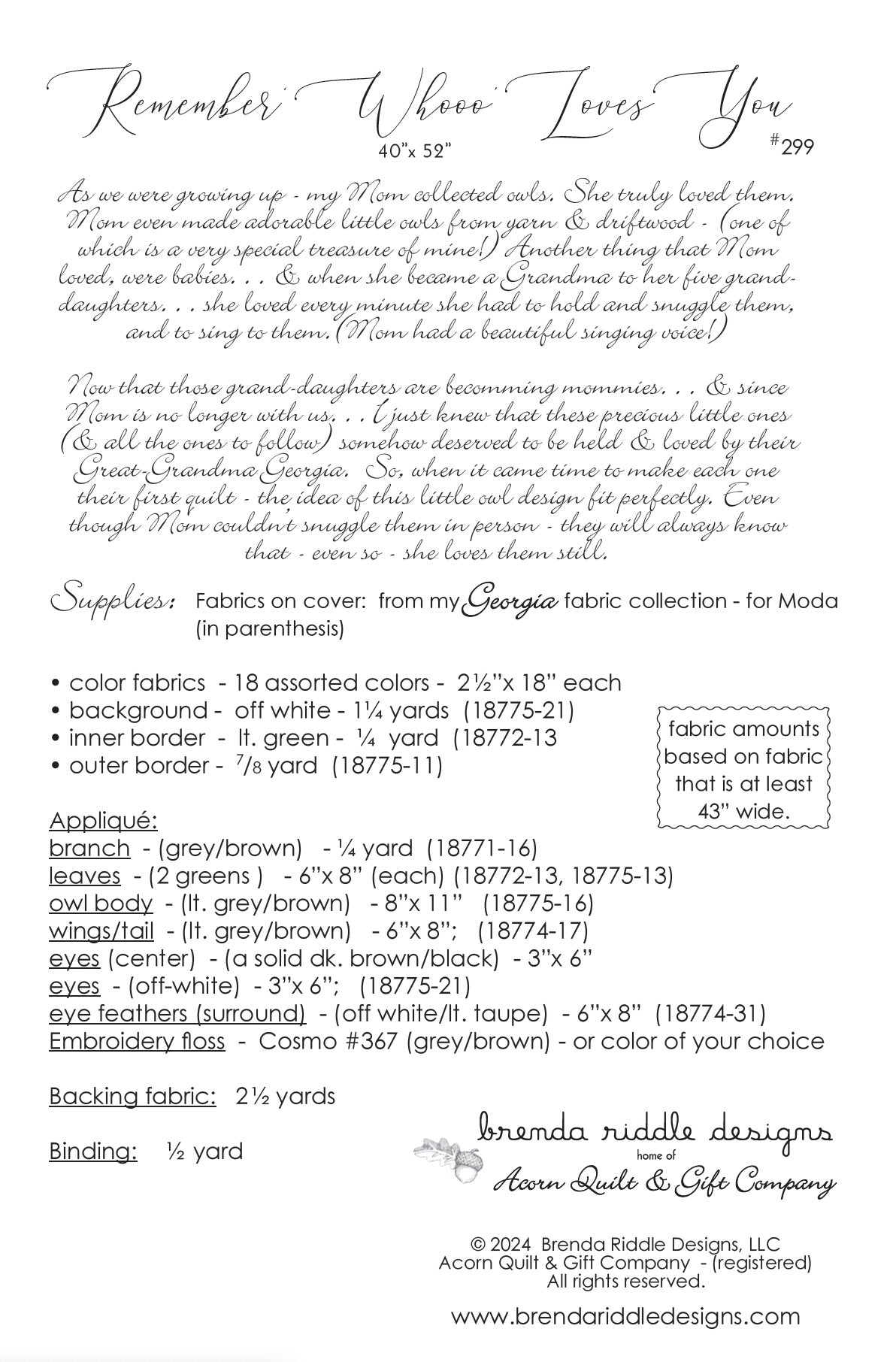 Remember 'Whooo' Loves You - paper pattern – brenda riddle designs